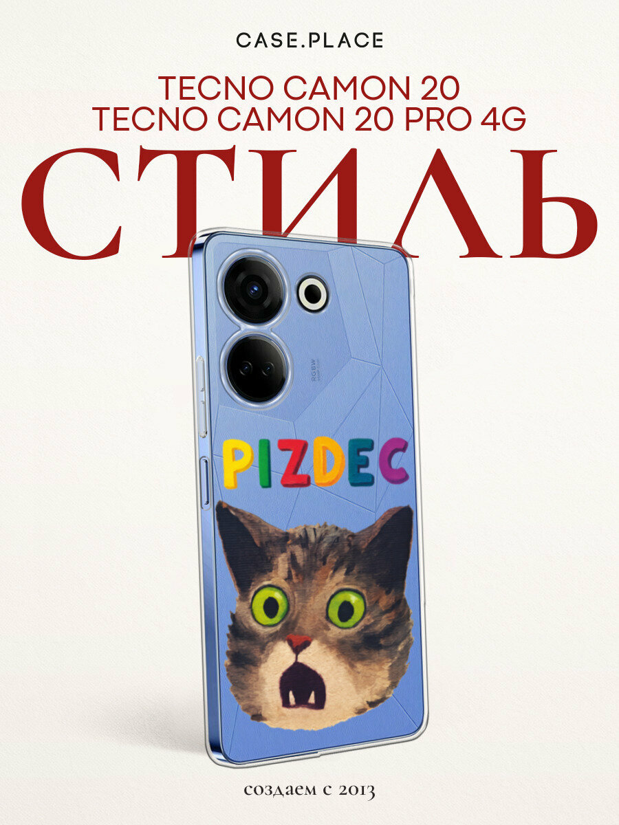 Чехол на Tecno Camon 20/20 Pro 4G / Текно Камон 20/20 Про 4G с принтом Испуганный котик с надписью, прозрачный