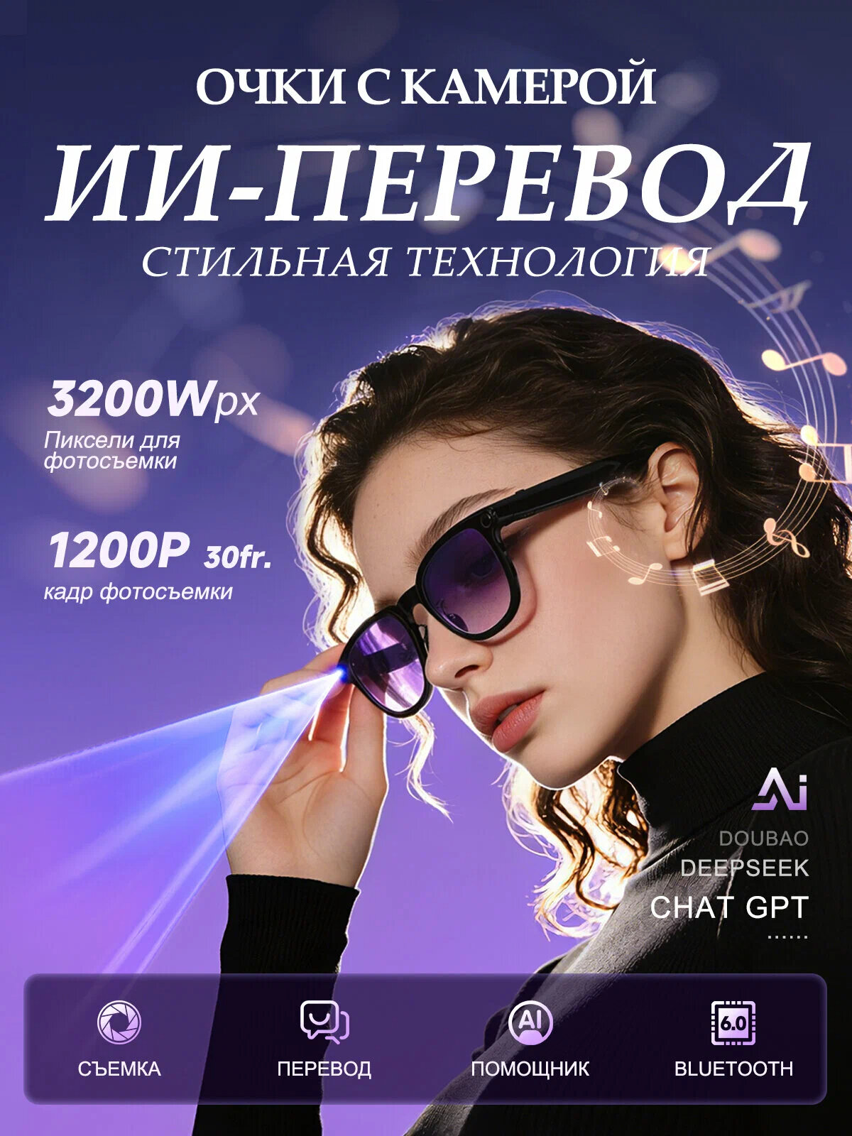 Умные солнечные очки JITE с камерой, голосовым управлением, Wi-Fi 4.0, Bluetooth 5.4, 8 МП, 16 ГБ