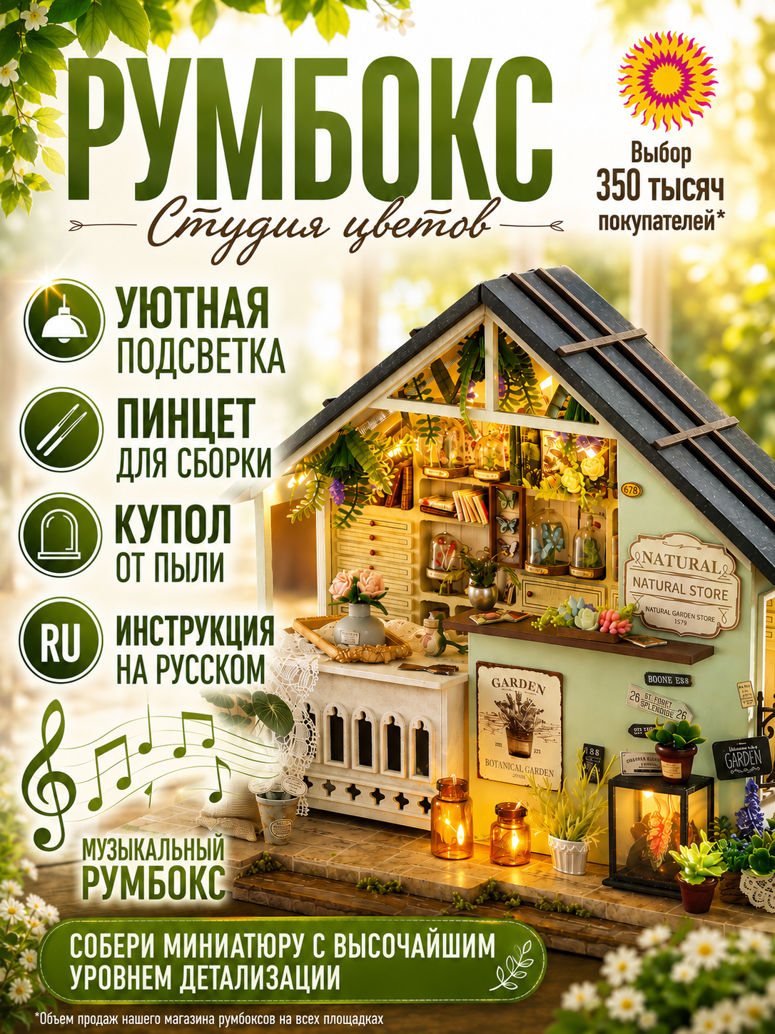 Музыкальный Подарочный Интерьерный конструктор (Румбокс) Yarvita миниатюра "Студия Цветов" DIY House