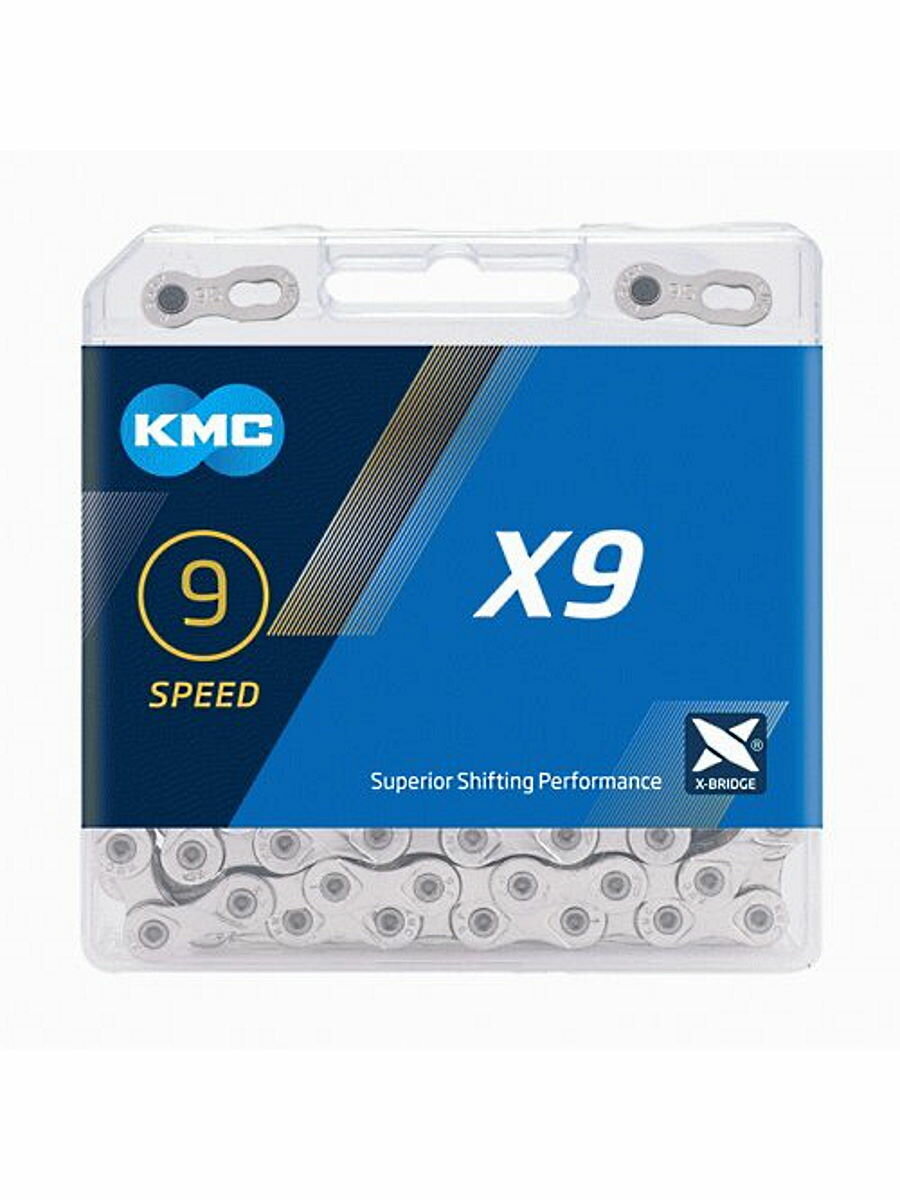 Цепь велосипедная KMC X9 Silver, 9 скоростей, 114 звеньев, 1/2" x 11/128", серебряная