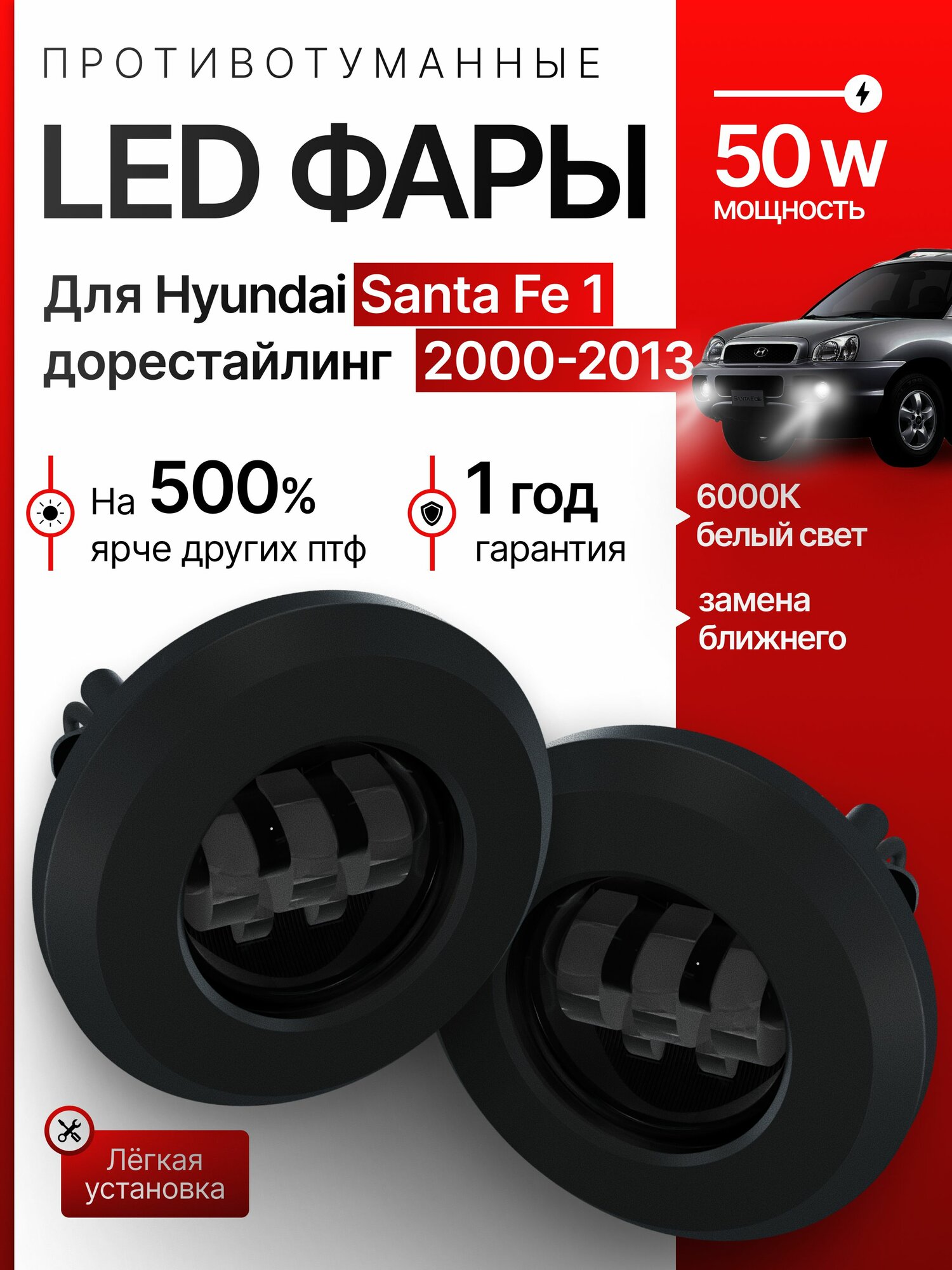 LED противотуманные фары Hyundai Santa Fe 1 SM Classic (2000-2013) / хендай санта фе классик птф туманки лед светодиодные