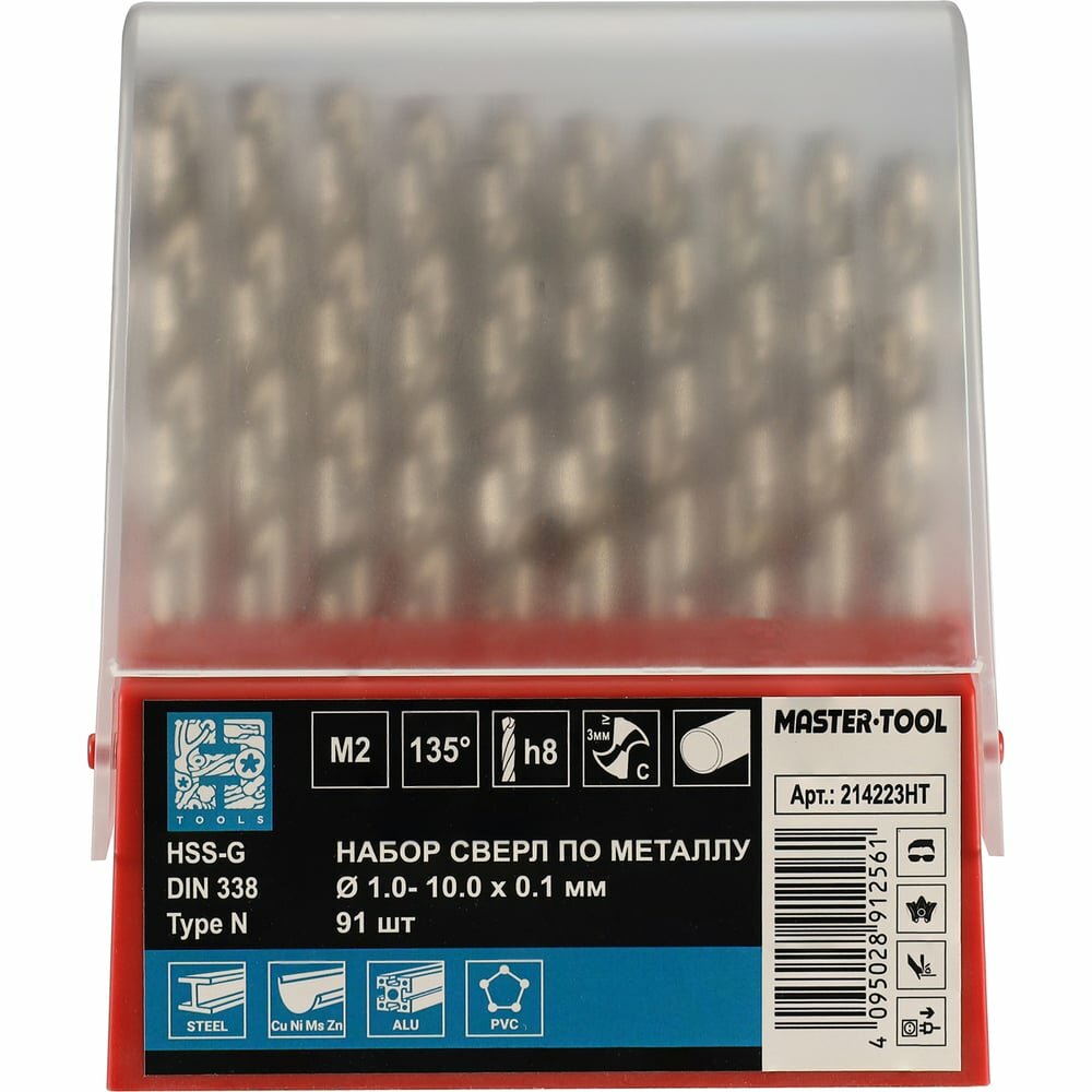 Набор сверл по металлу H-Tools 1-10мм, 91шт, DIN338, HSS-G, 135град. 214223HT — фото 1