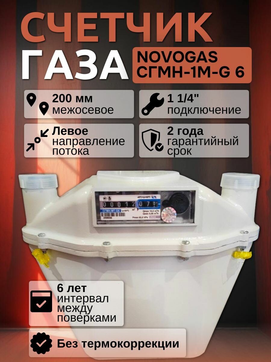 Счетчик газа NOVOGAS СГМН-1М1-G 6 межосевое 200 мм, левый 1 1/4" (слева направо)