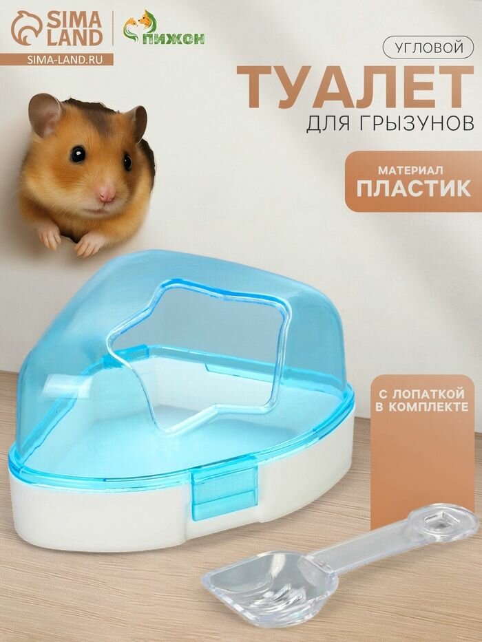 Ванночка для грызунов, 14х10.4 см, угловая, с лопаткой, пластик, голубая, Пижон