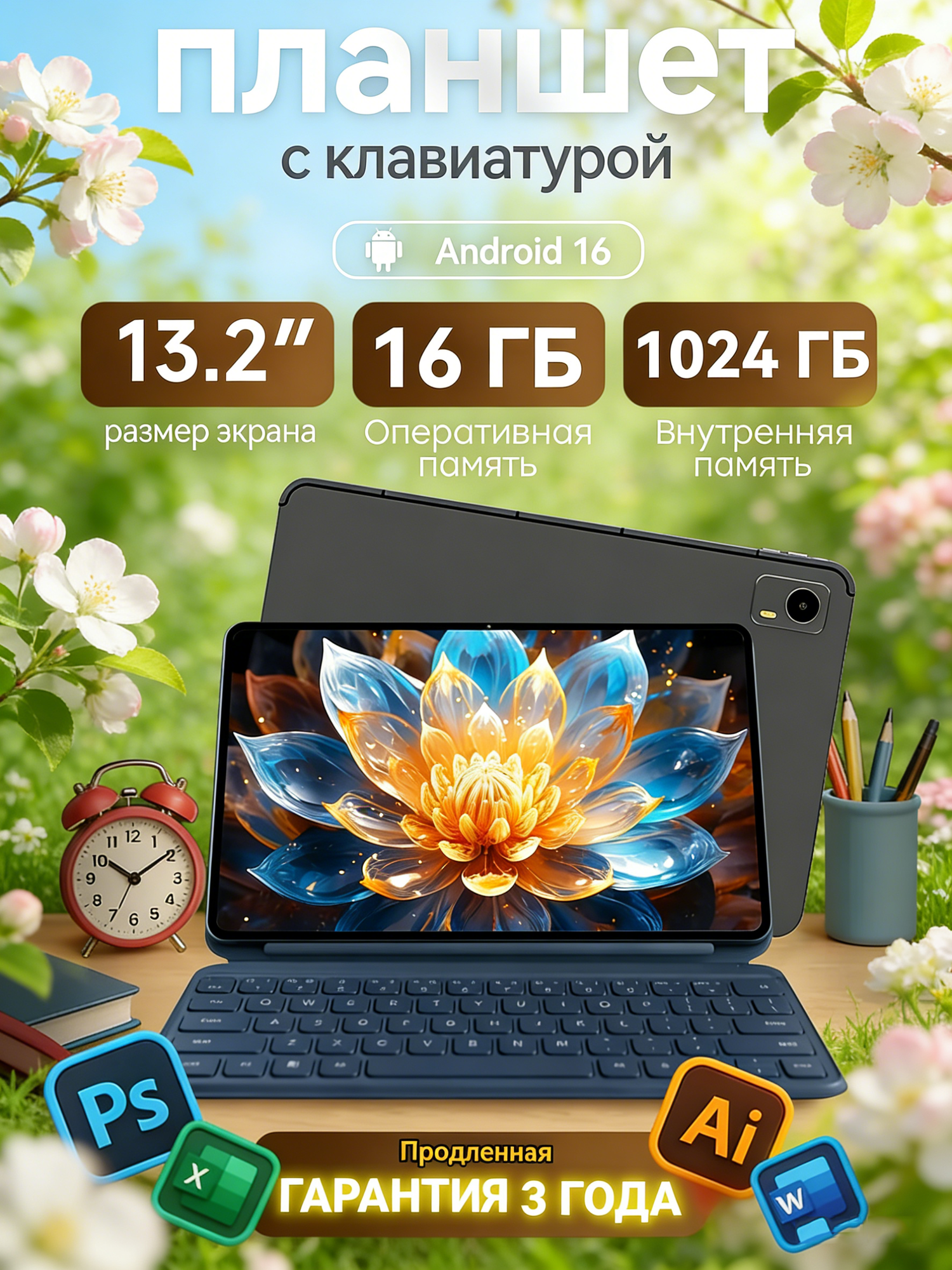 Планшет S10 Ultra Galaxy андроид16. 16/1024 ГБ, 2560x1600, WiFi. С клавиатурой и мышкой. 13.2", 11600 мАч.