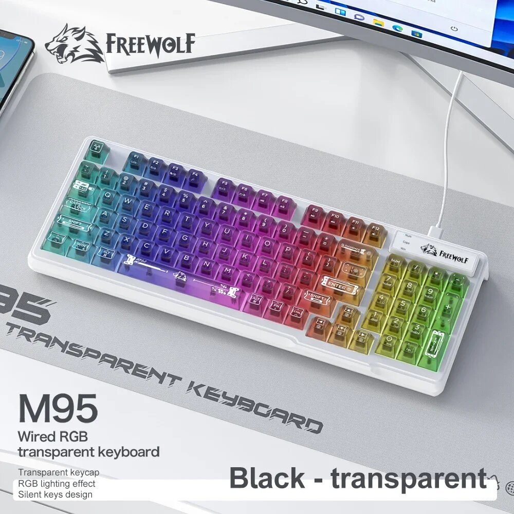 FREEWOLF M95 Прозрачная мембранная игровая клавиатура Черный, Black