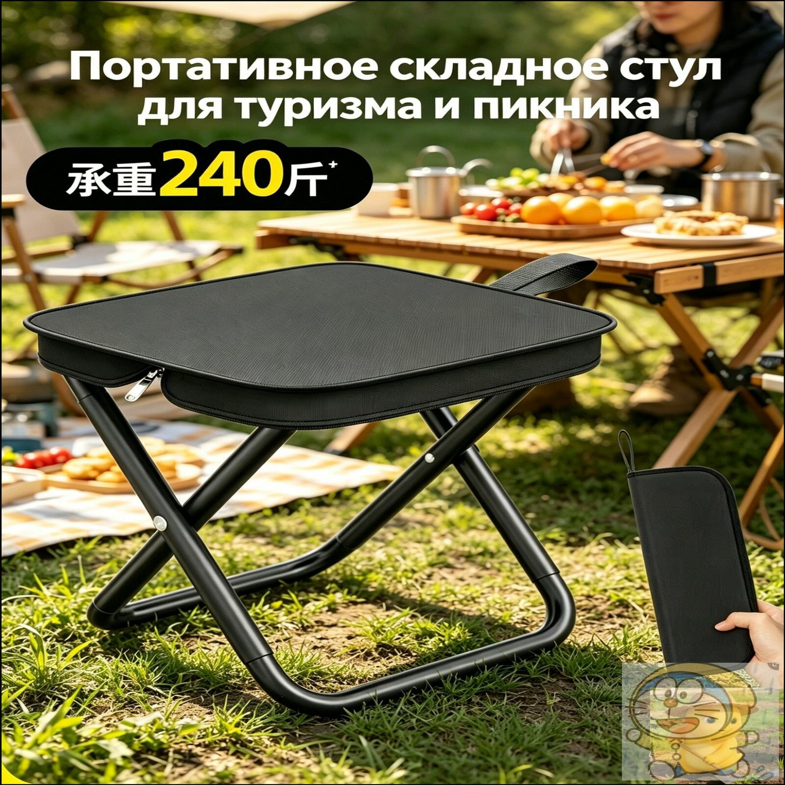 Складное кресло для рыбалки и отдыха, металлический каркас, компактные размеры, черный цвет