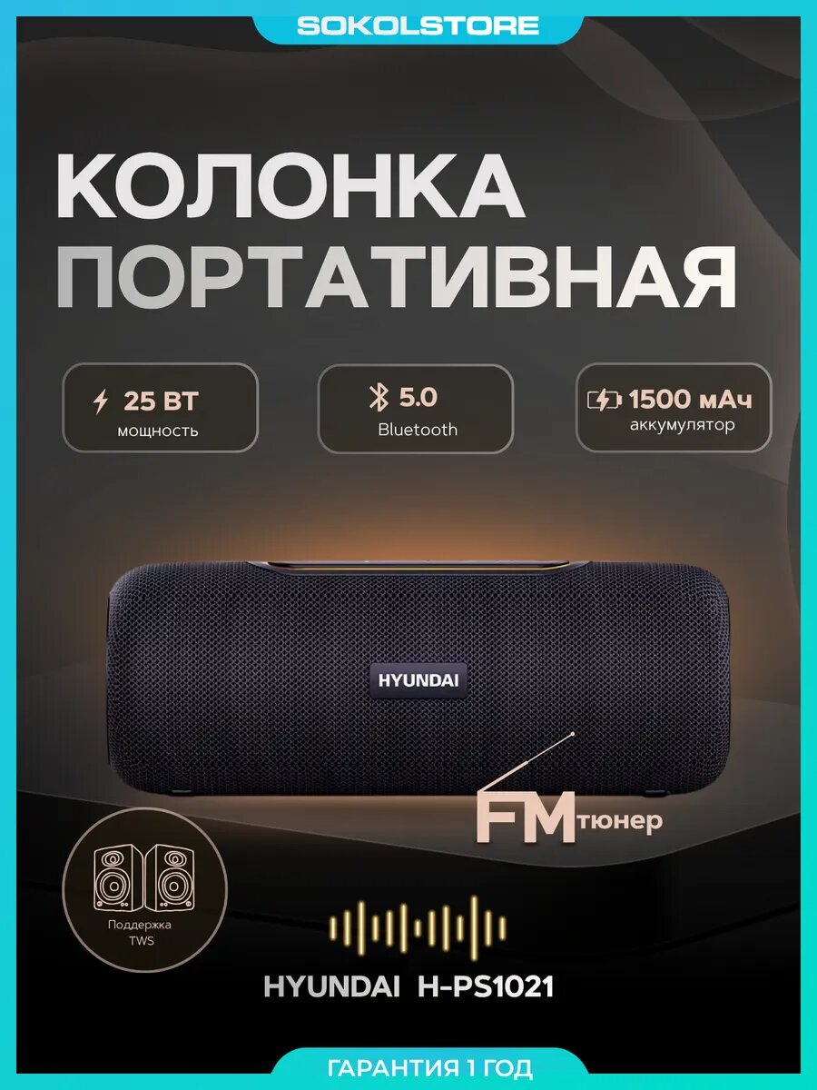 Портативная колонка Hyundai H-PS1021, с FM-радио, MP3, 25W, Bluetooth, IPX5, черная