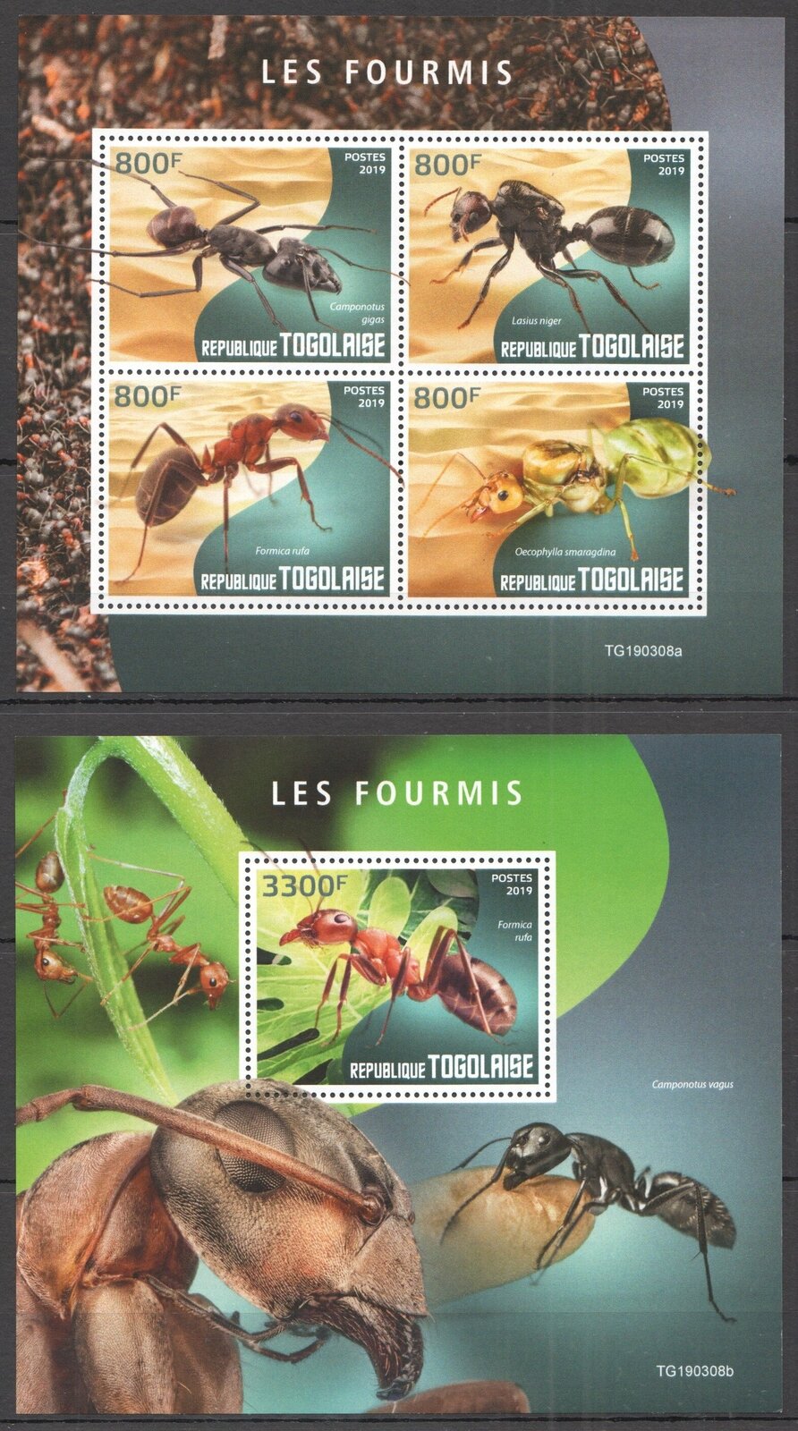 Марки 2019 год Того Муравьи Насекомые Фауна #7058-7061+Bl1617 Mnh