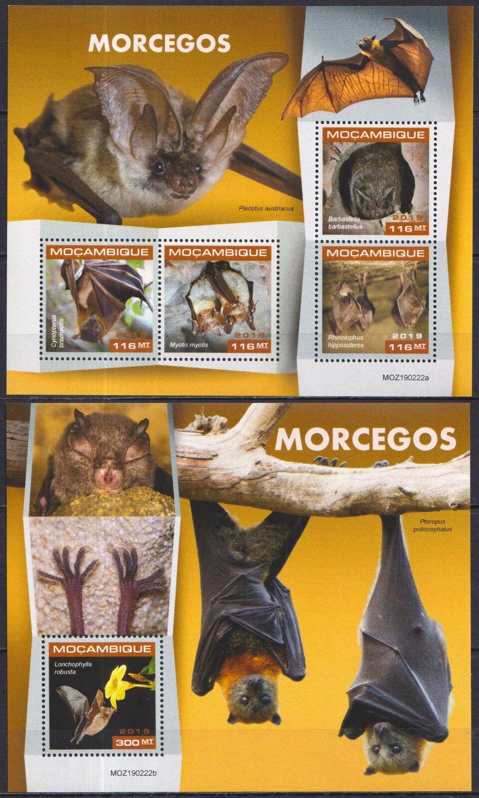 Марки 2019 год Мозамбик Летучие мыши Дикие животные Фауна #10162-65+Bl1468 Mnh