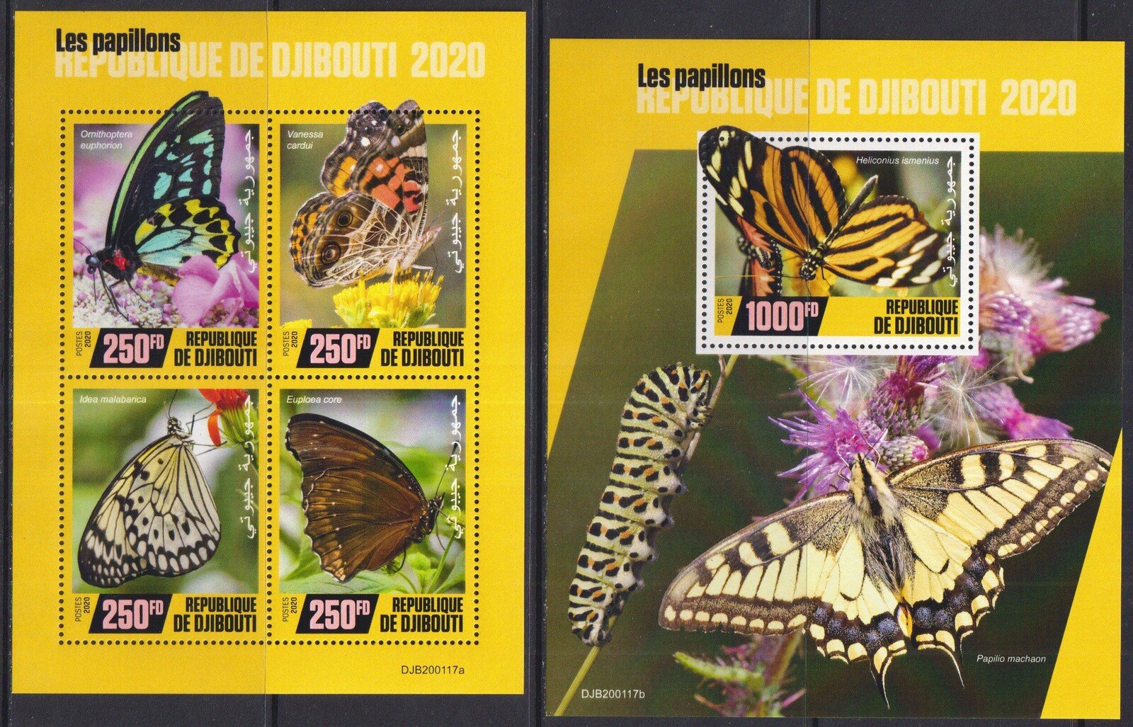 Марки 2020 год Джибути Бабочки Фауна Насекомые Цветы #3358-3361+Bl1391 Mnh