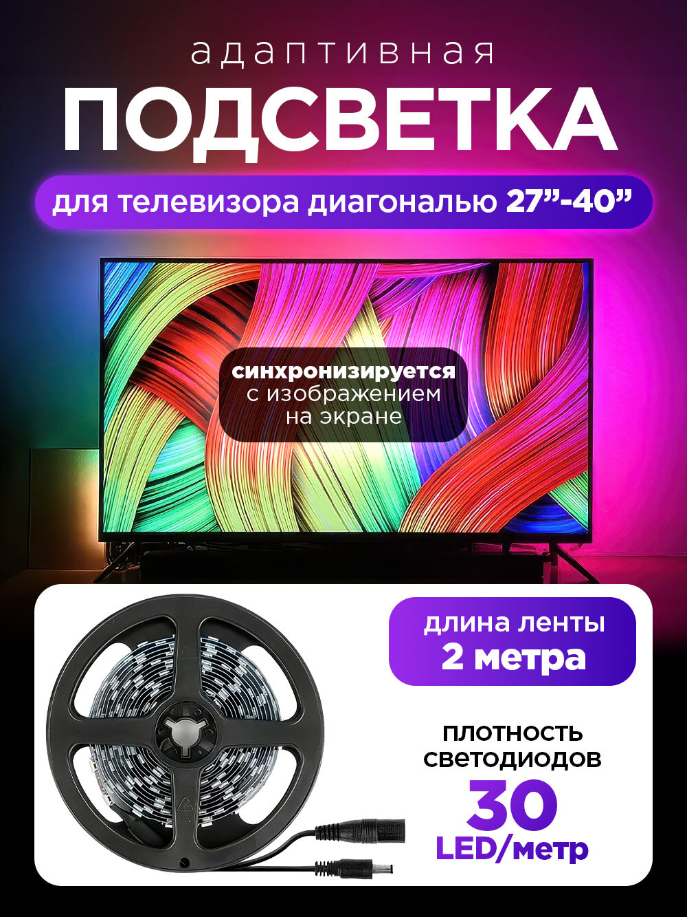 Умная светодиодная RGB лента для монитора или телевизора / Адаптивная подсветка LED 2 м