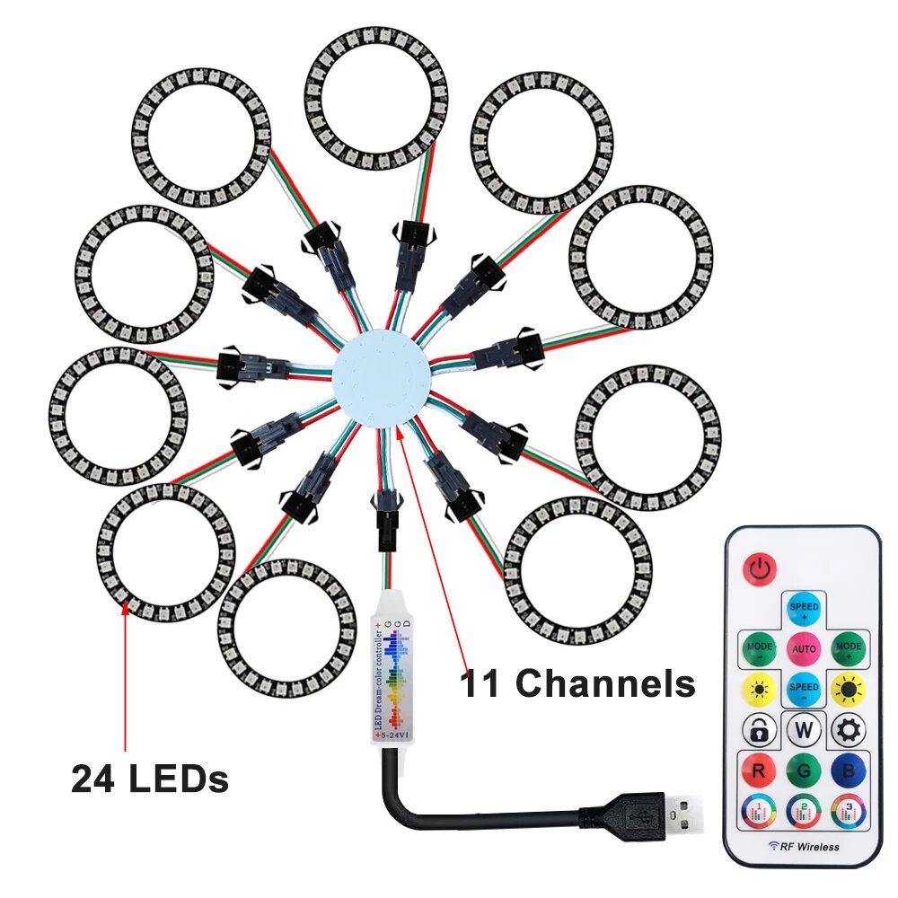 FUNZENXIN LED Sparkle Ring Light Circle Module WS2812B RGB 11CH24LED B 17KeyUSB