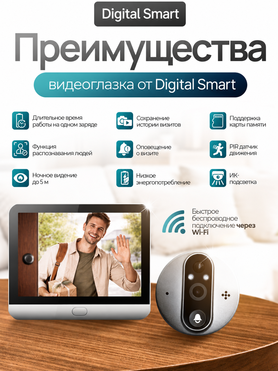 Умный дверной видеоглазок с камерой для входной двери WiFi беспроводной, с записью и датчиком движения — фото 1