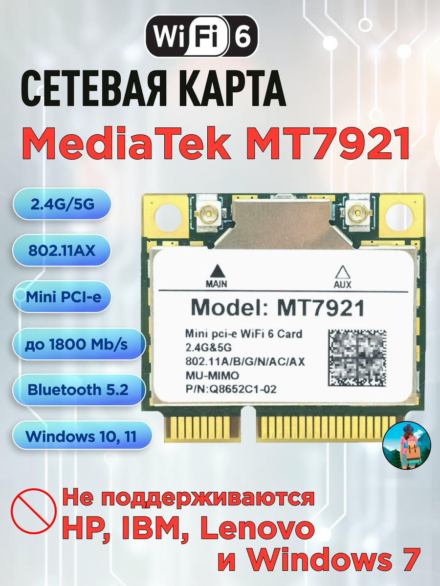 Сетевая WIFI 6 карта MediaTek MT7921, MINI-PCIE, двухдиапазонная 2.4G и 5G, до 1800 Мбит/с, Bluetooth 5.2, для ноутбуков