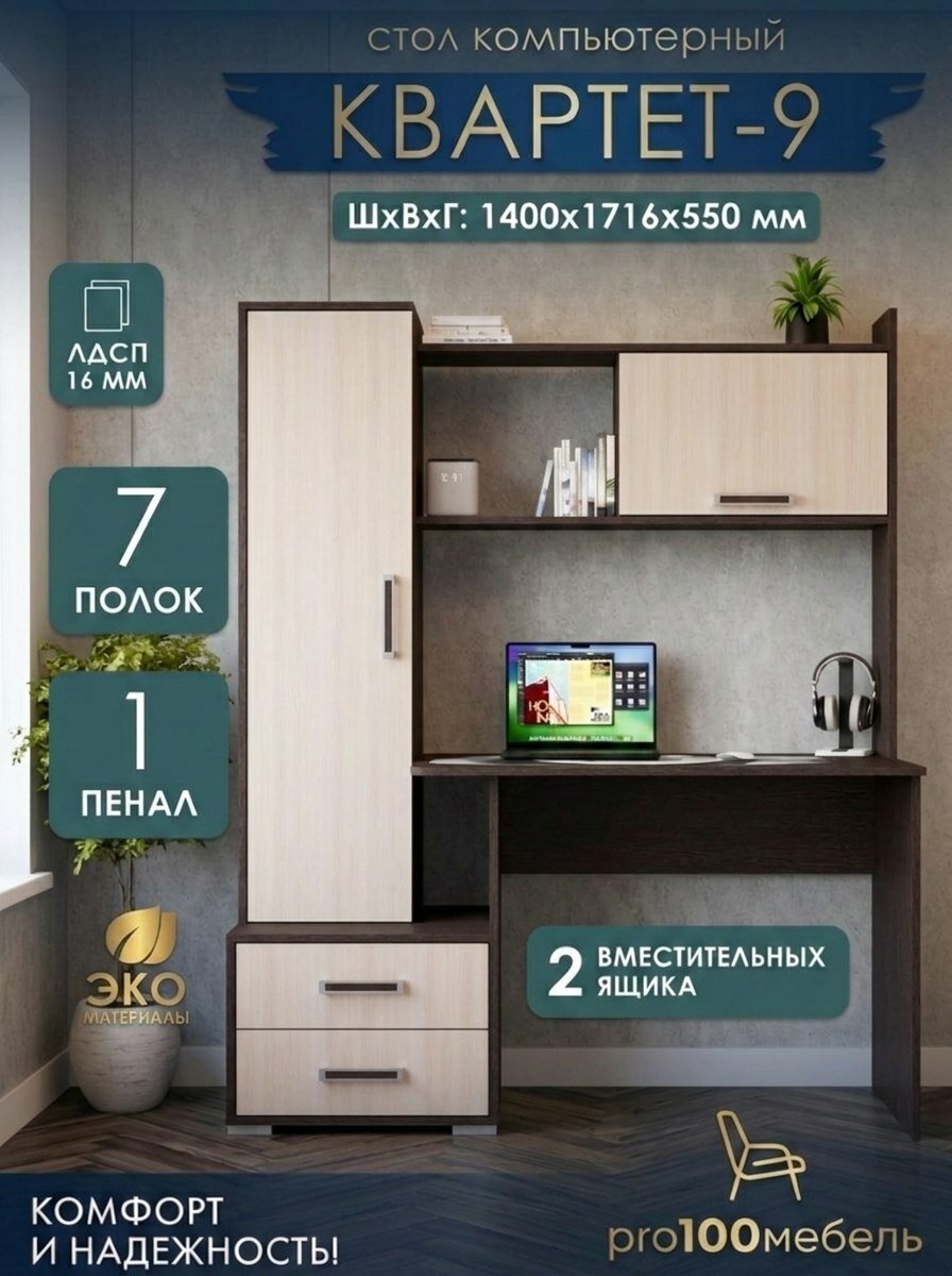 Компьютерный, письменный стол Квартет-9 с надстройкой, с полками, с ящиками от Тэкс 1716*1400*550 венге/дуб молочный