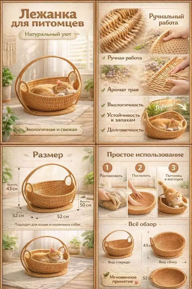 Натуральная ротанговая колыбель для кошек крупного размера, долговечная износостойкая конструкция с природным ароматом — фото 1
