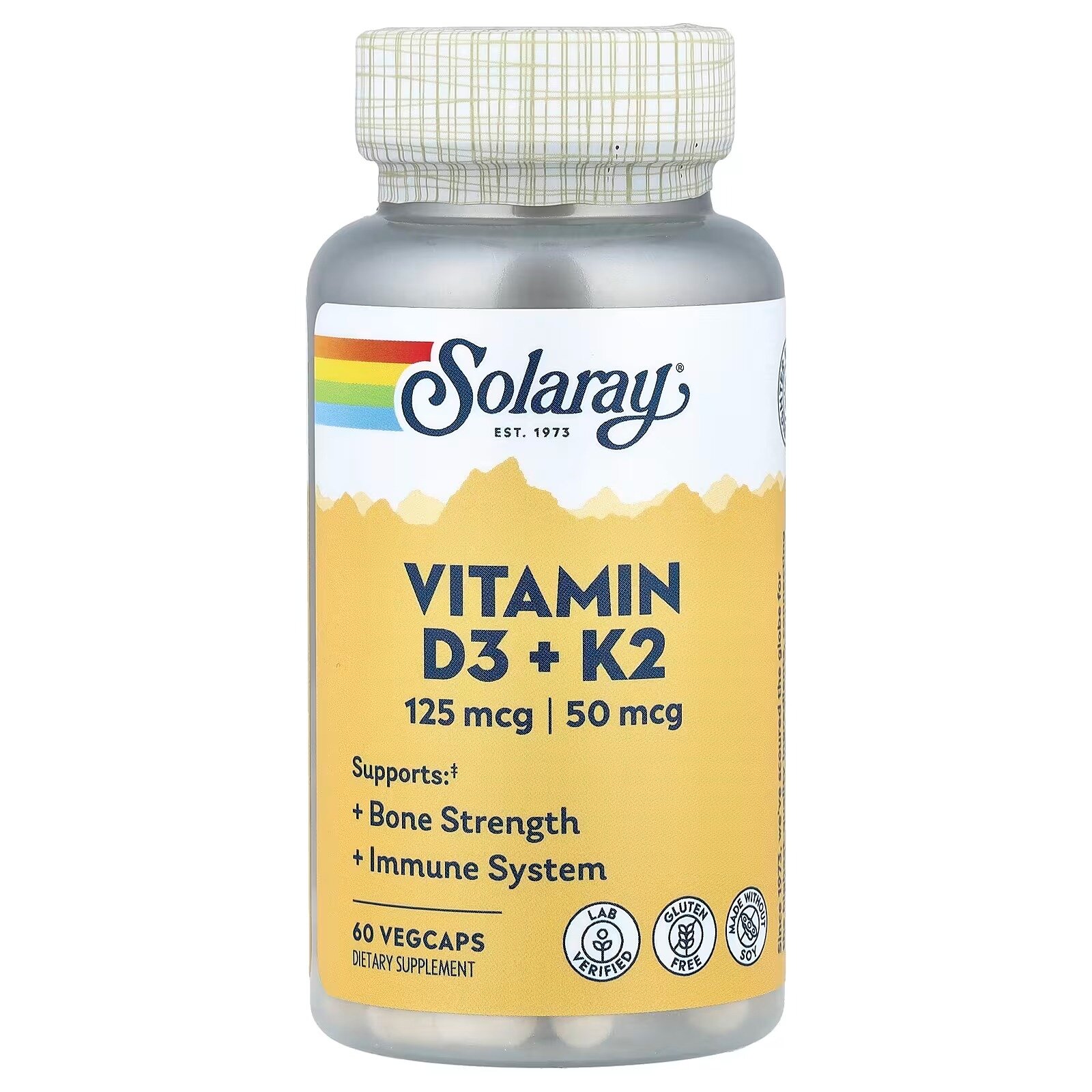 Витамин Д3 + К2 Solaray VItamin D3 + K2, 60 капсул, для здоровья костей
