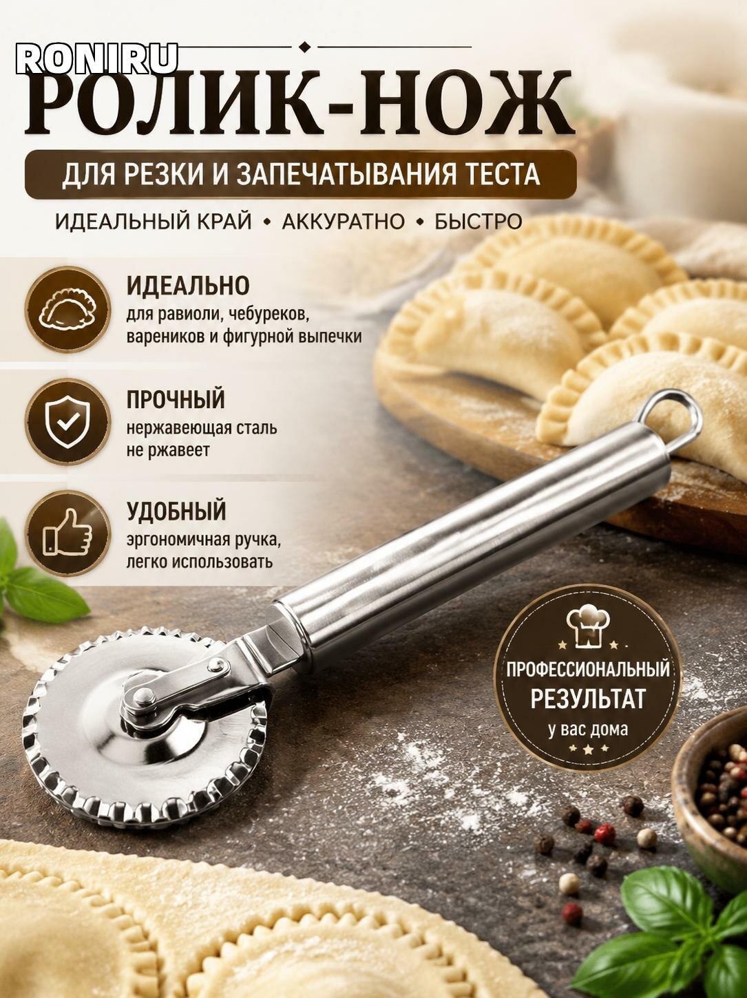 Ролик-нож для резки и запечатывания теста — для равиоли, чебуреков, вареников и фигурной выпечки, удобный и прочный