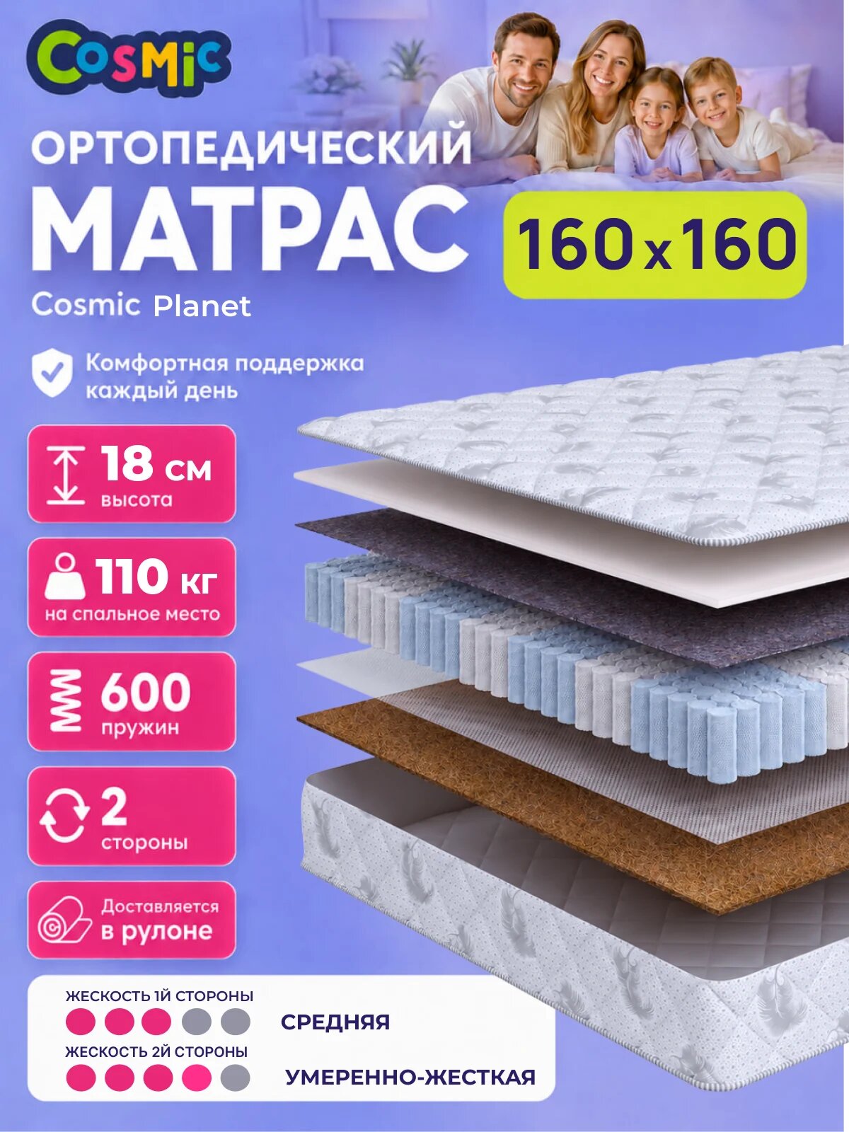 Матрас Cosmic Planet 160x160 см, пружинный, 2 степени жёсткости, высота 18 см, анатомическая поддержка