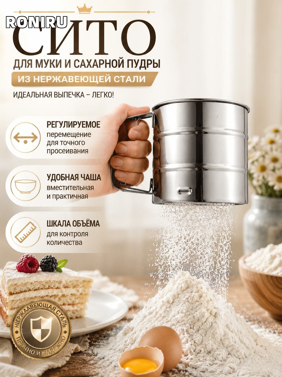 Сито для муки и сахарной пудры из нержавеющей стали — с регулируемым перемещением, чашей и шкалой для выпечки!