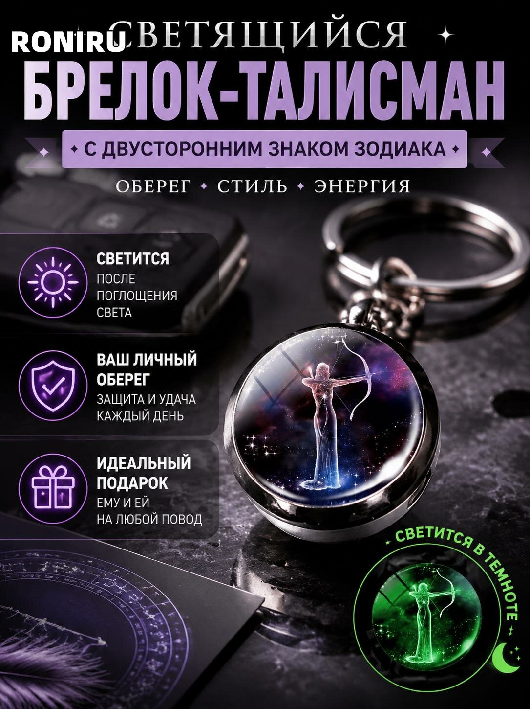 Светящийся брелок-талисман с двусторонним знаком зодиака — оберег для ключей, сумки и авто, подарок ему и ей.
