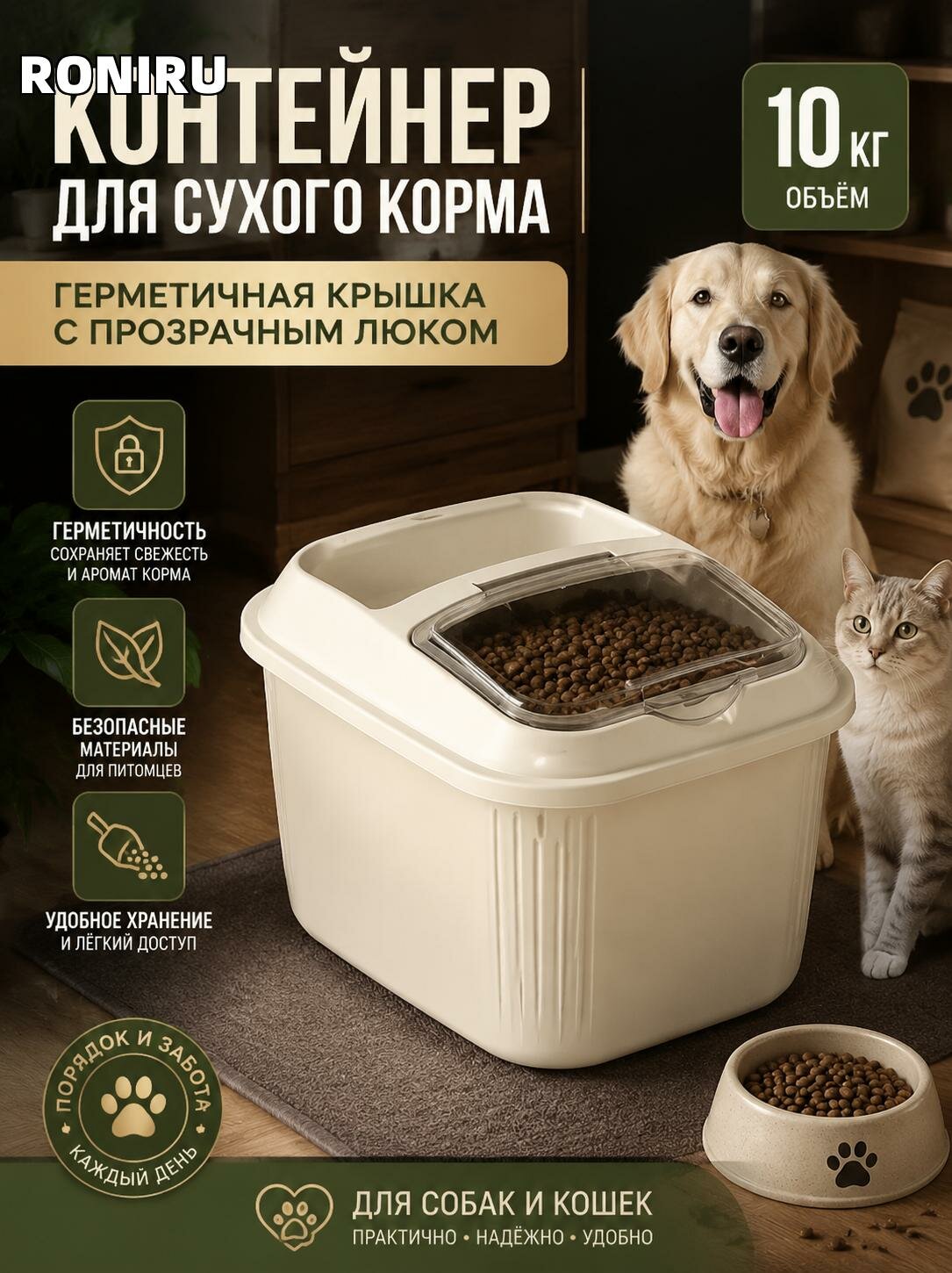 Контейнер для сухого корма с герметичной крышкой и прозрачным люком — бокс для хранения корма собак и кошек 10 кг