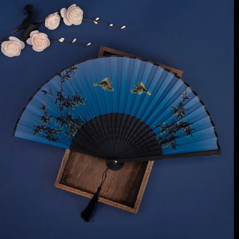 Синий складной веер с бамбуком Hand Fan 32
