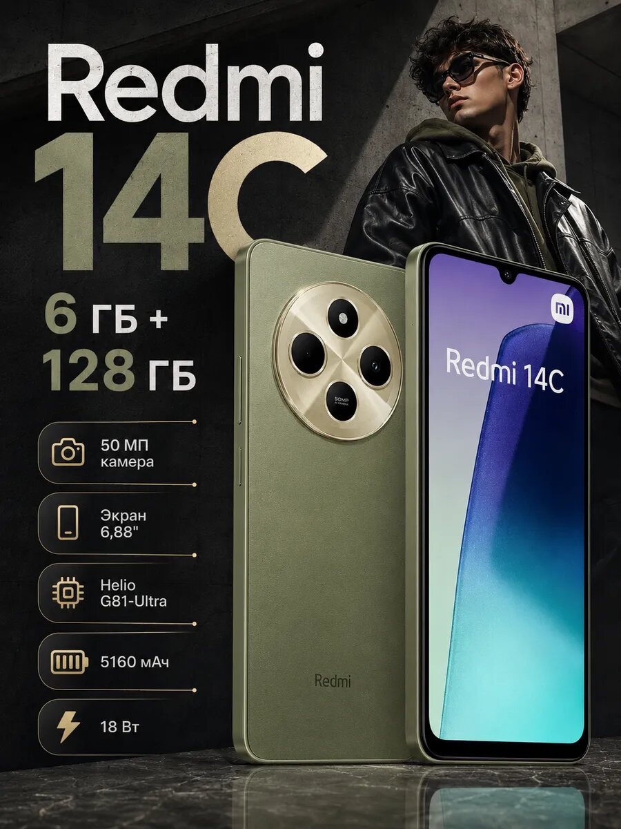 Смартфон Redmi 14C 5G с оперативной памятью 6 ГБ и накопителем 128 ГБ для повседневного использования