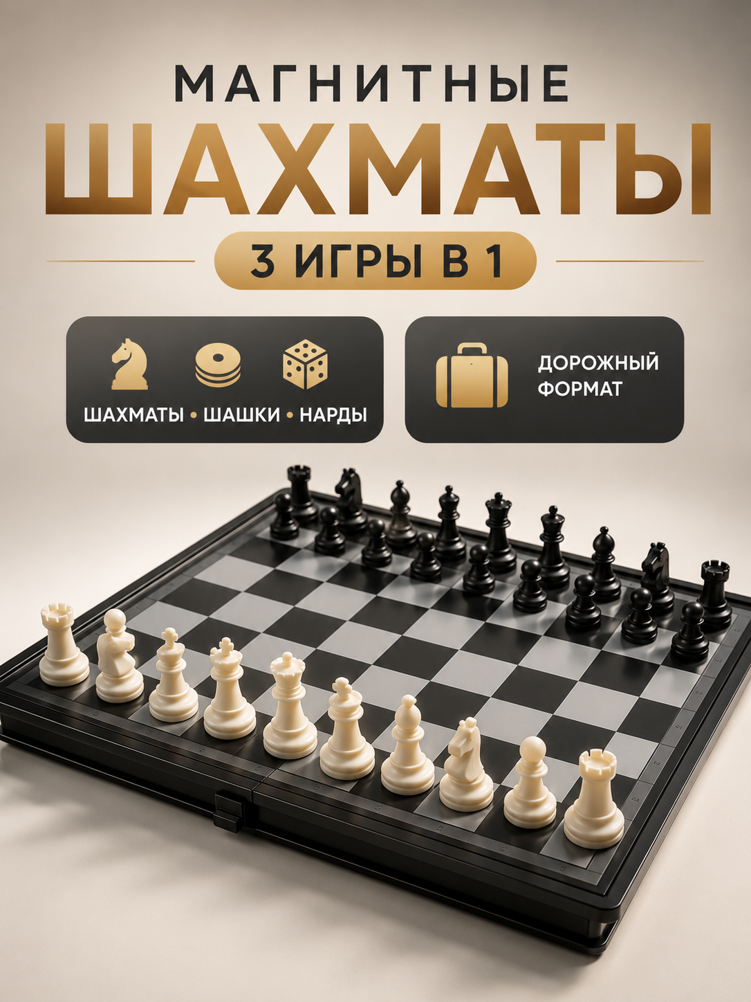 Детская настольная игра Шашки, нарды, шахматы магнитные 3 в 1, игровое поле 24 х 24 см, игра в дорогу
