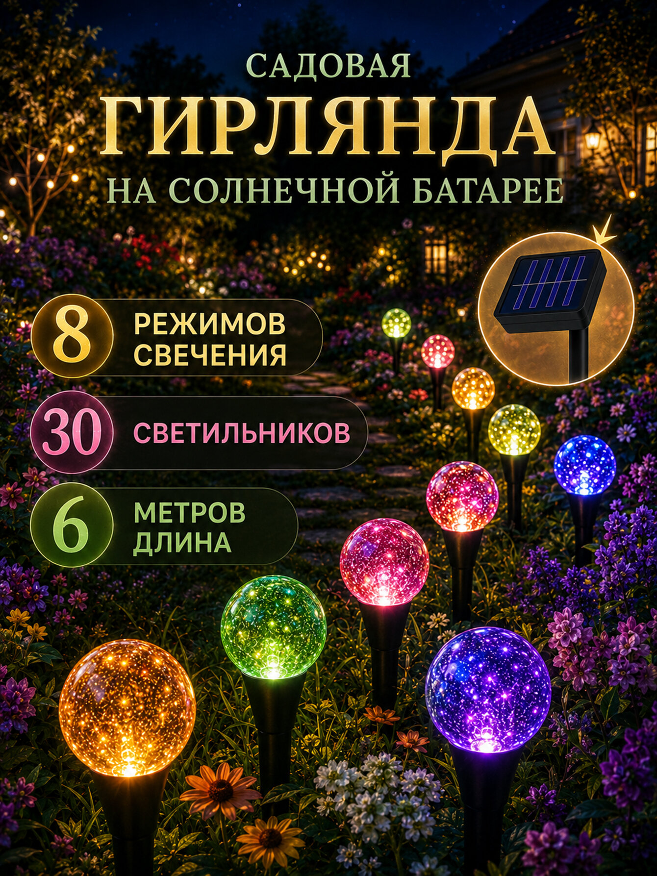 Уличный светильник "Светлячок", на солнечной батарее, с датчиком движения, 30 ламп, IP65