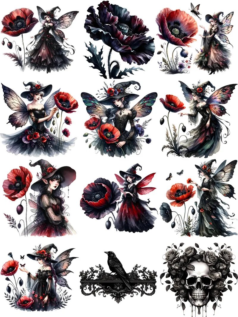 Набор наклеек Dark Gothic Red Poppy and Witch
