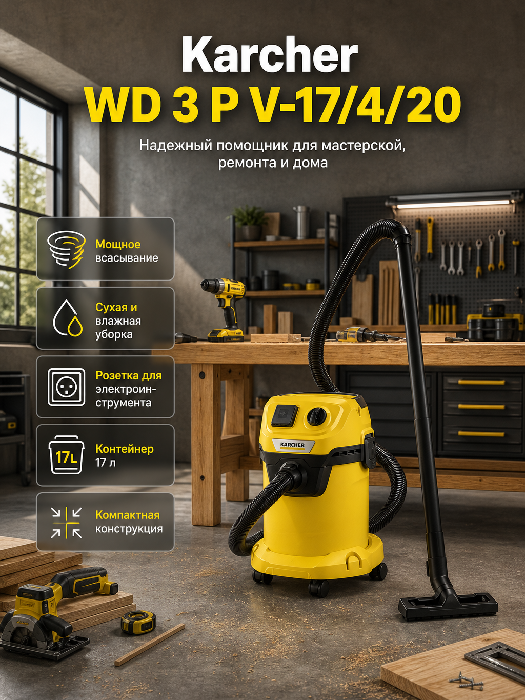 Строительный пылесос Karcher WD 3 P V-17/4/20 (Цвет: Yellow)