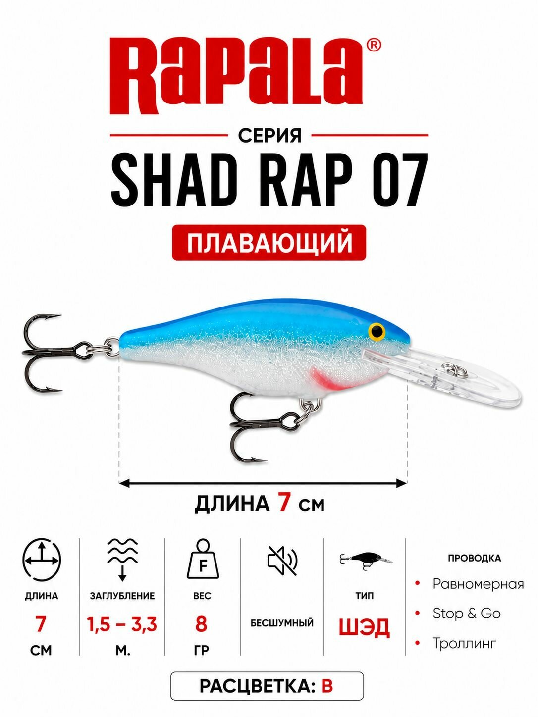 Воблер RAPALA Shad Rap 07 B плавающий 1,5-3,3м, 7см, 8гр