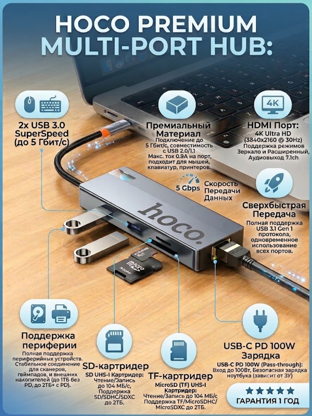 Переходник, Разветвитель Hoco Type-C Hoco HB52 Wow 8-in-1 (HDTV+RJ45+SD/TF+PD Type-C3.0+USB 3.0*2) серый