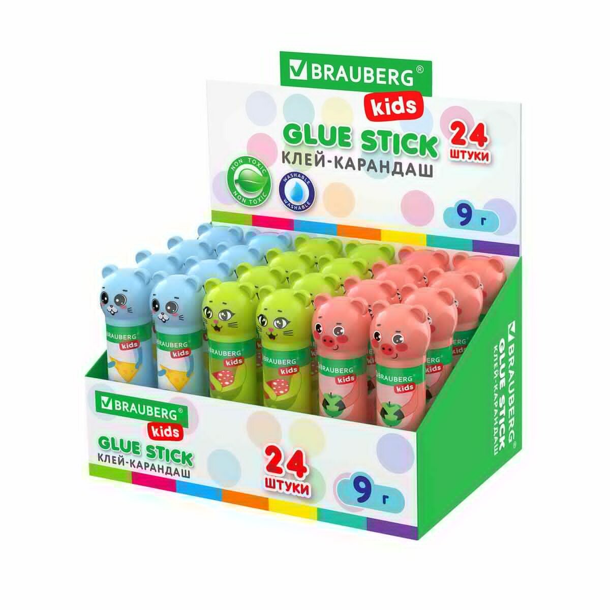 Клей-карандаш Brauberg Kids "Зверята: кошка, мышка, хрюшка", 9г, фигурный колпачок (271138), 24 уп.