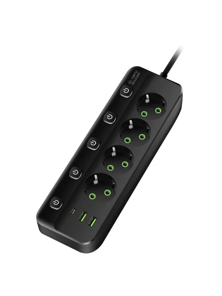 Удлинитель Сетевой,4 Розетки, Сетевой Фильтр С 2 Usb И 1 Type-C, Кабель 2 Метров