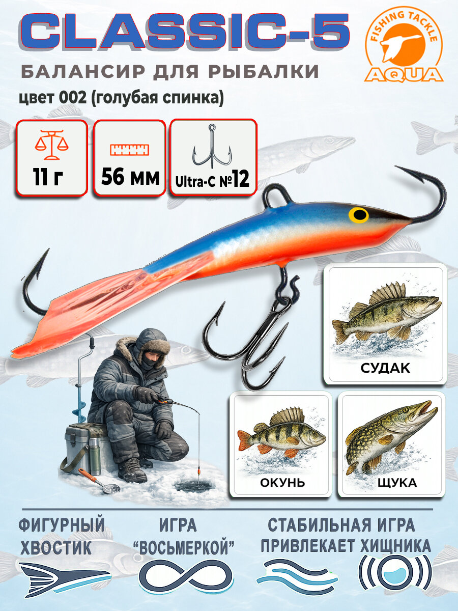 Балансир AQUA CLASSIC-5 56,0mm, вес - 11,0g, цвет 002 (голубая спинка)