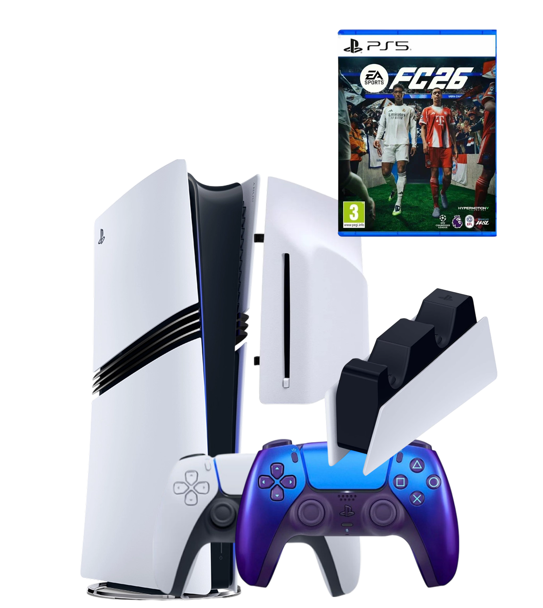 Игровая приставка PlayStation 5 Pro + 2й геймпад синий хром + игра FC26 + станция зарядки + дисковод