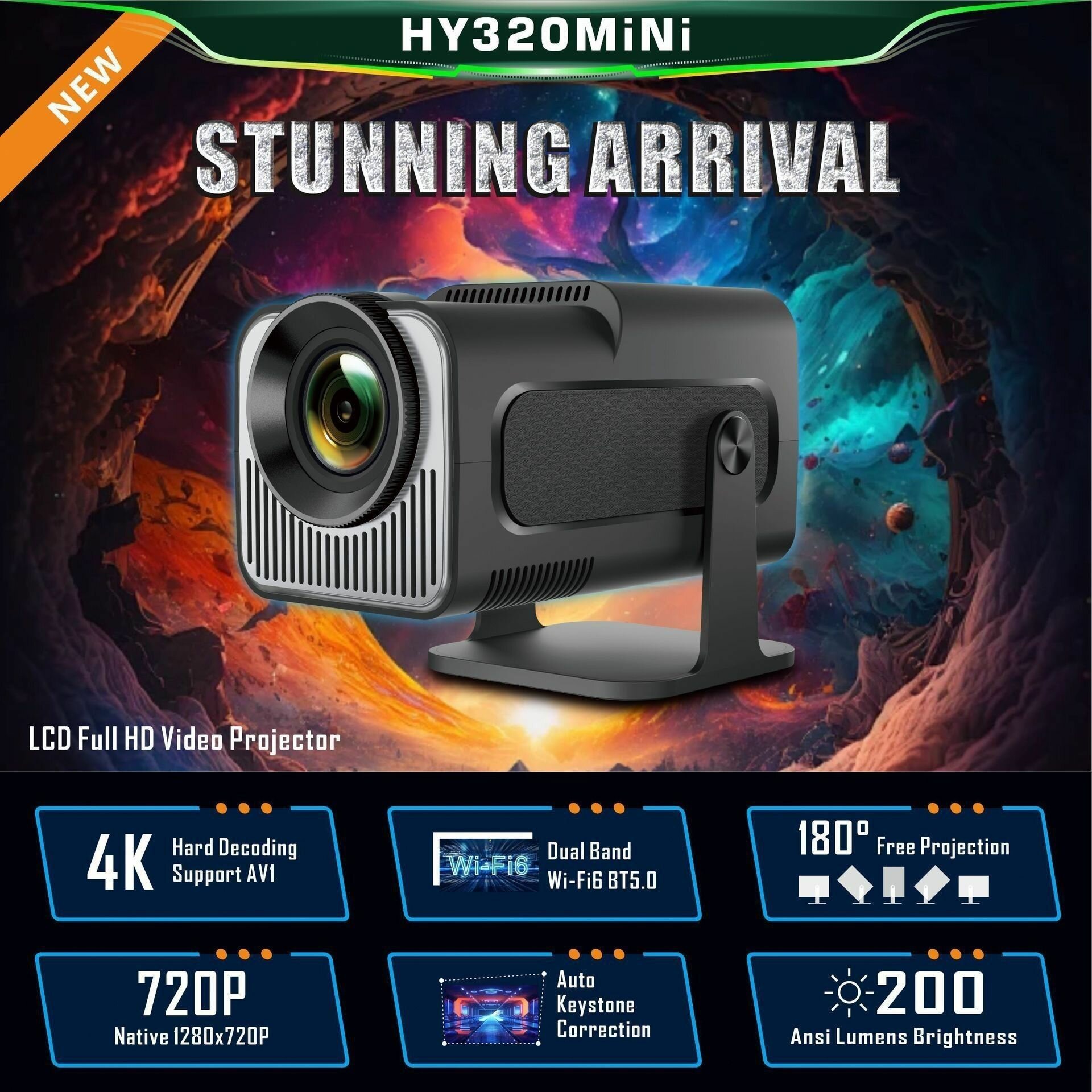 Гобо-проектор Проектор для фильмов портативный домашний 4к c Full HD и wi-fi, черный