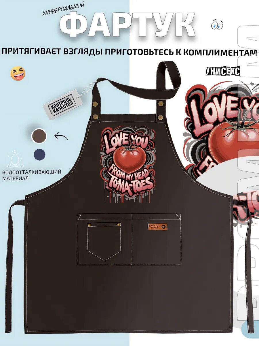 Фартук Любовь от головы до помидорок кухонный с принтом универсальный