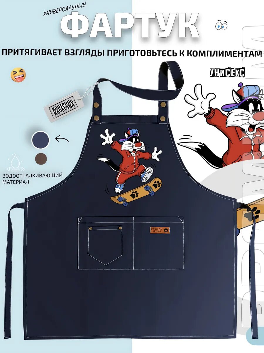 Фартук Кот Сильвестр Sylvester мультфильм скейтбордист кухонный с принтом универсальный