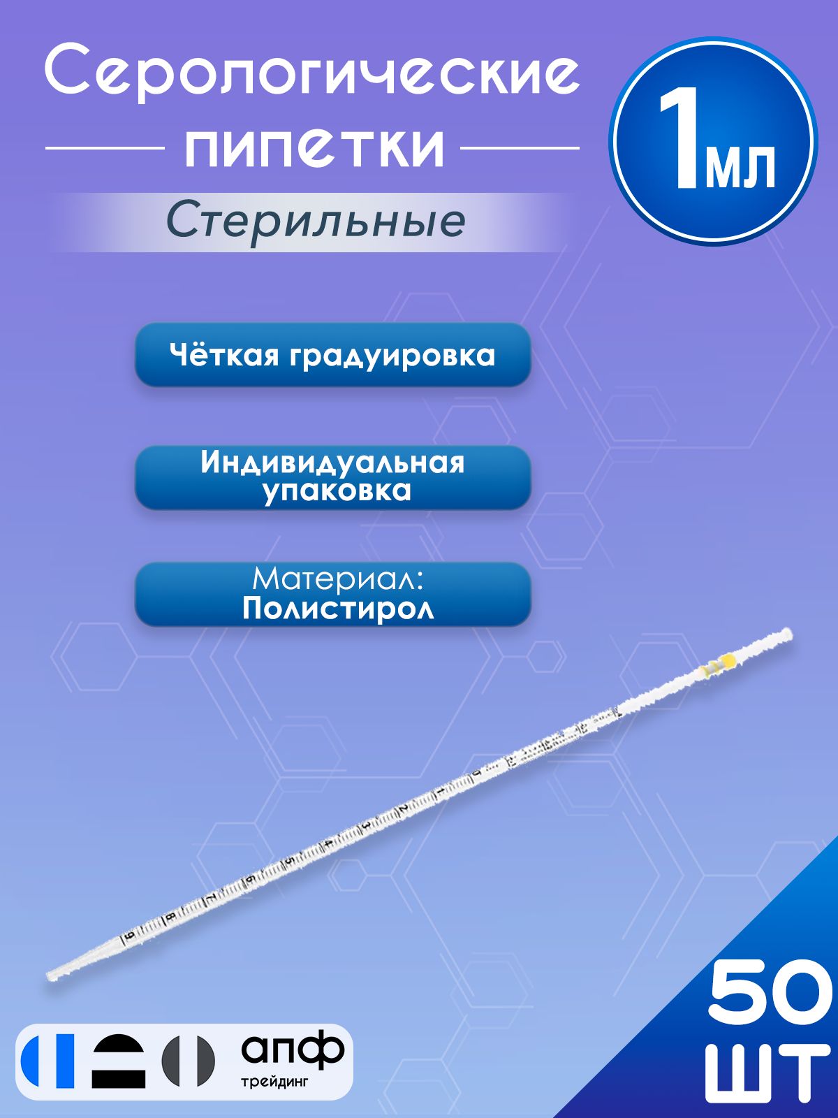 Пипетка серологическая 1 мл, стерильная, в индивидуальной упаковке, 50 шт./уп.