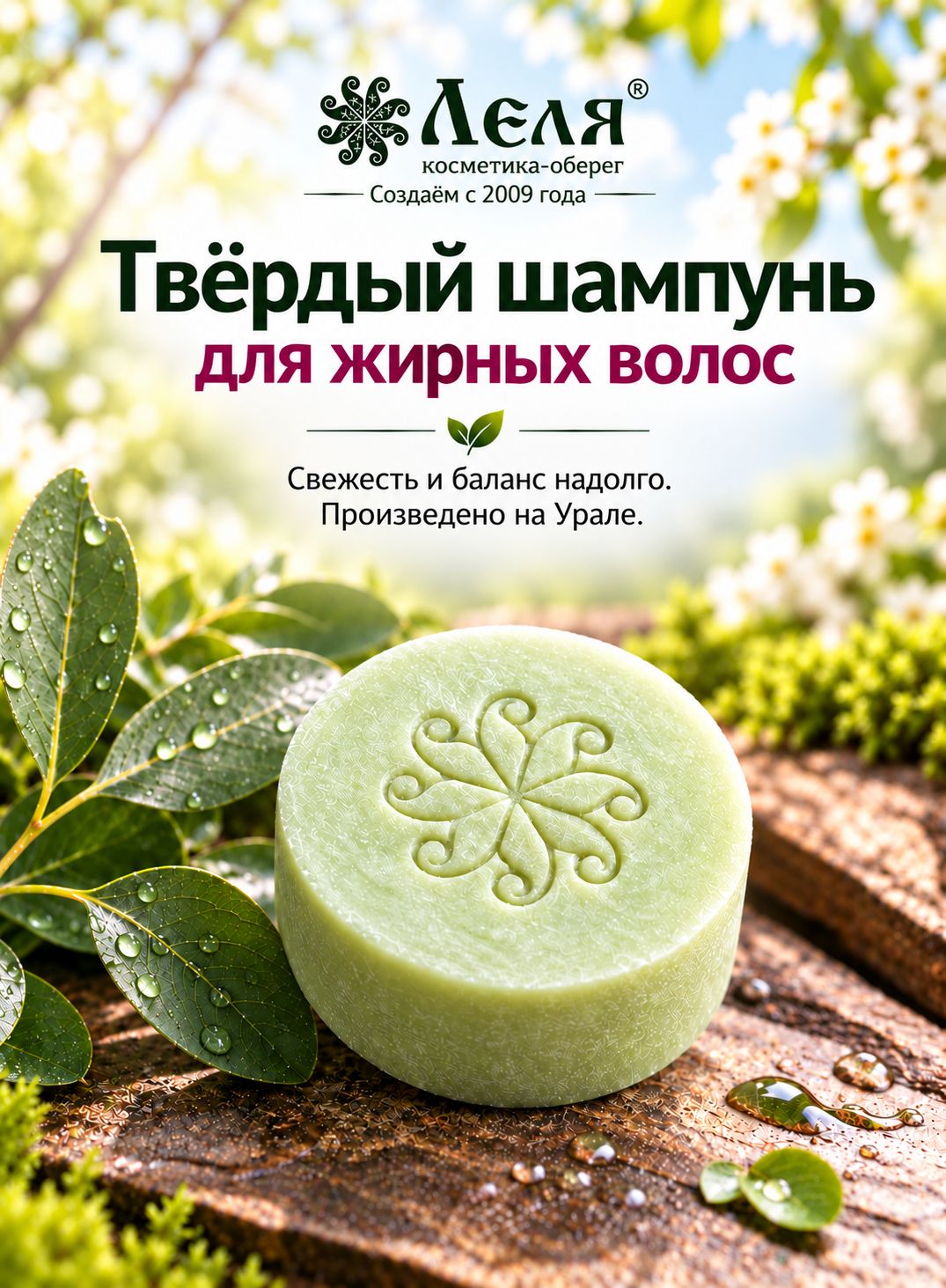 Твёрдый шампунь для жирных волос с эвкалиптом и травами, Леля, 60 г