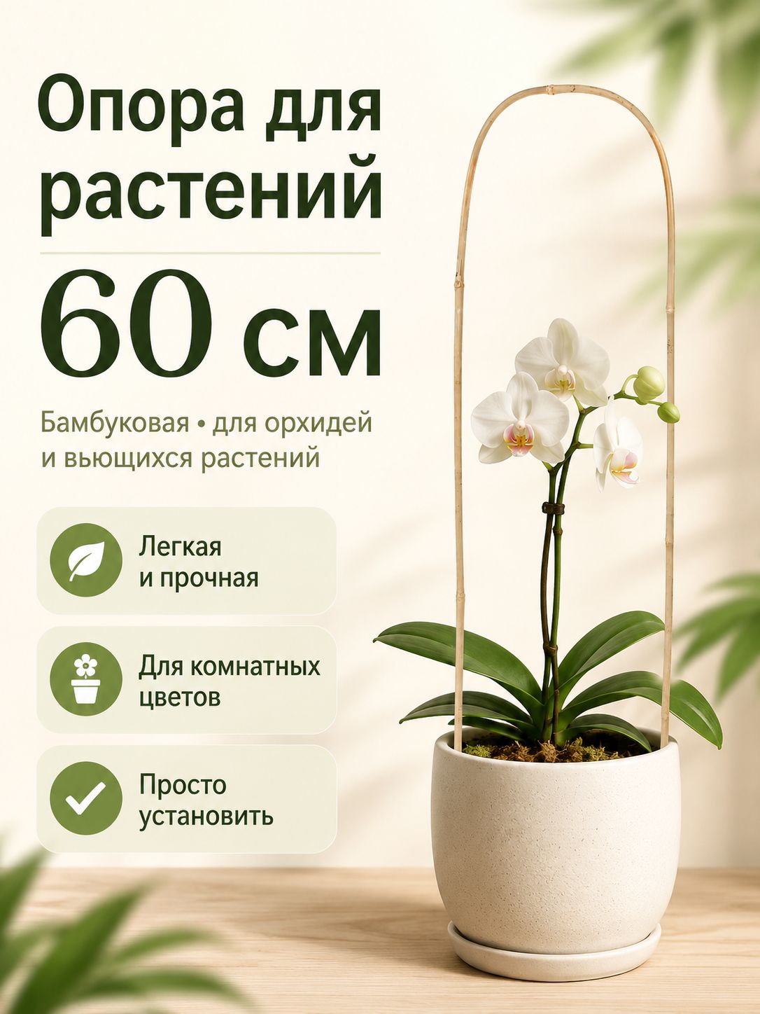 Опора для растений высотой 60 см, бамбук, для поддержки комнатных декоративных и вьющихся растений, подходит для орхидей