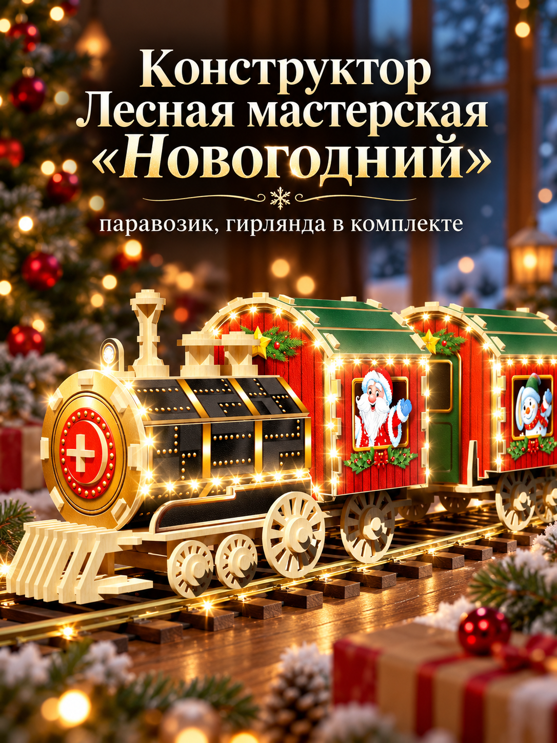 Конструктор Лесная мастерская "Новогодний", паравозик, гирлянда в комплекте