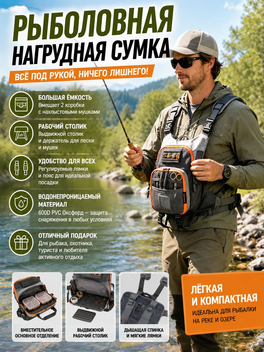 Нагрудная рыболовная сумка для рыбалки и нахлыста, сумка для снастей и приманок, многофункциональный органайзер с рабочим столиком, водоне