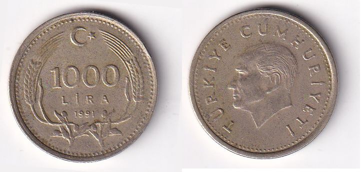 Турция 1000 лир 1991 год