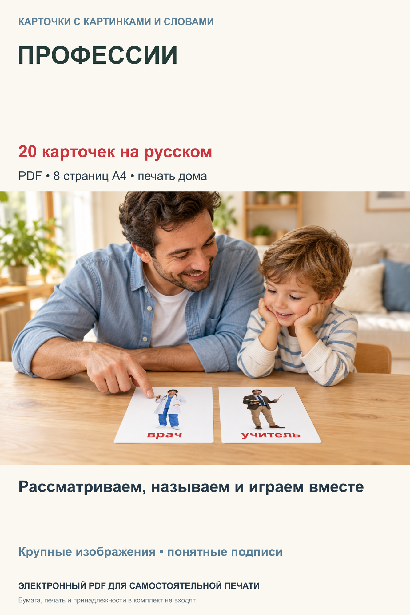 Карточки Домана «Профессии», 20 карточек на русском, PDF A4