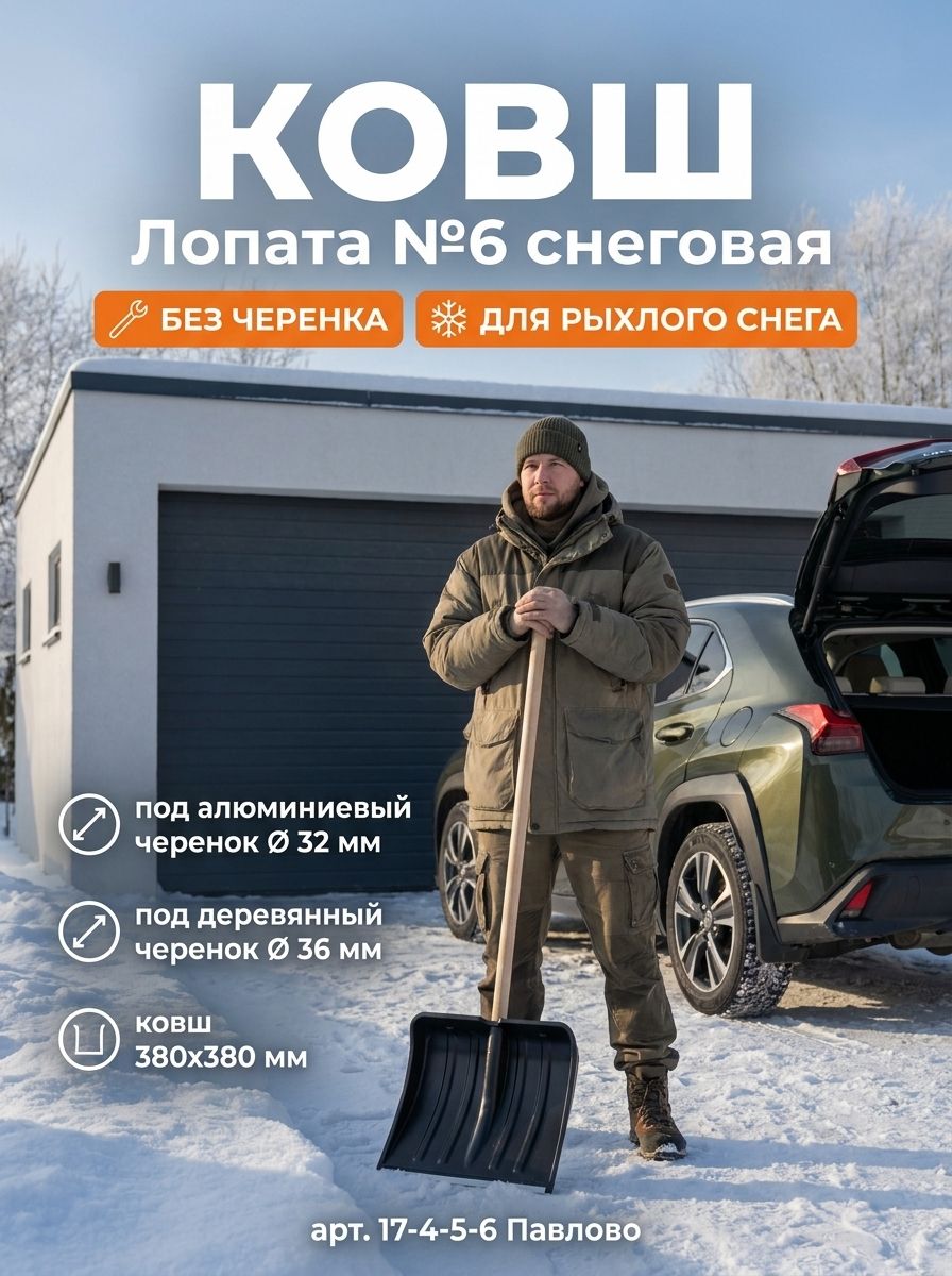 Ковш Лопата №6 снеговая с оцинкованной планкой (под алюминиевый черенок d-32 мм, под деревянный черенок d-36 мм), 380х380 мм Павлово